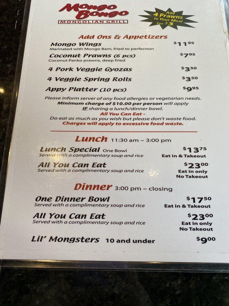 Menu at Mongo Bongo Mongolian Grill restaurant, New Westminster