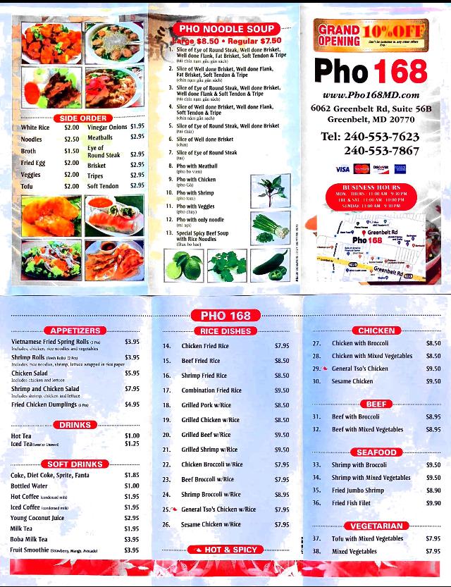 Menu at Pho168 restaurant, Greenbelt