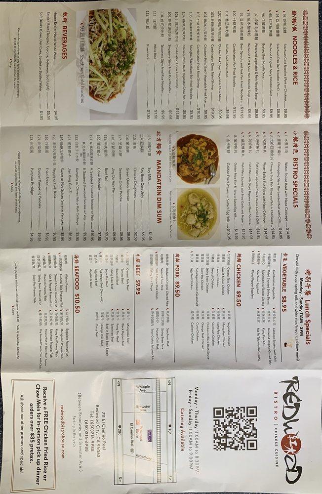 Menu at Redwood Bistro restaurant, Redwood City, 711 El Camino Real