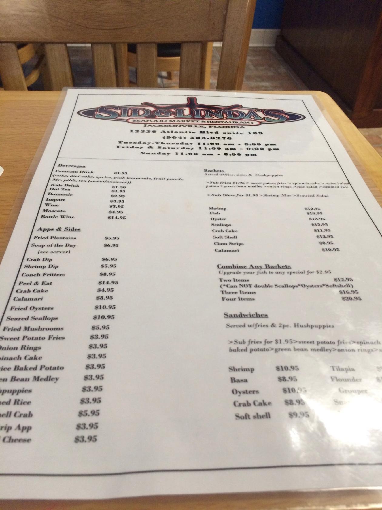Menu at Sid & Linda's Seafood Market restaurant, Jacksonville