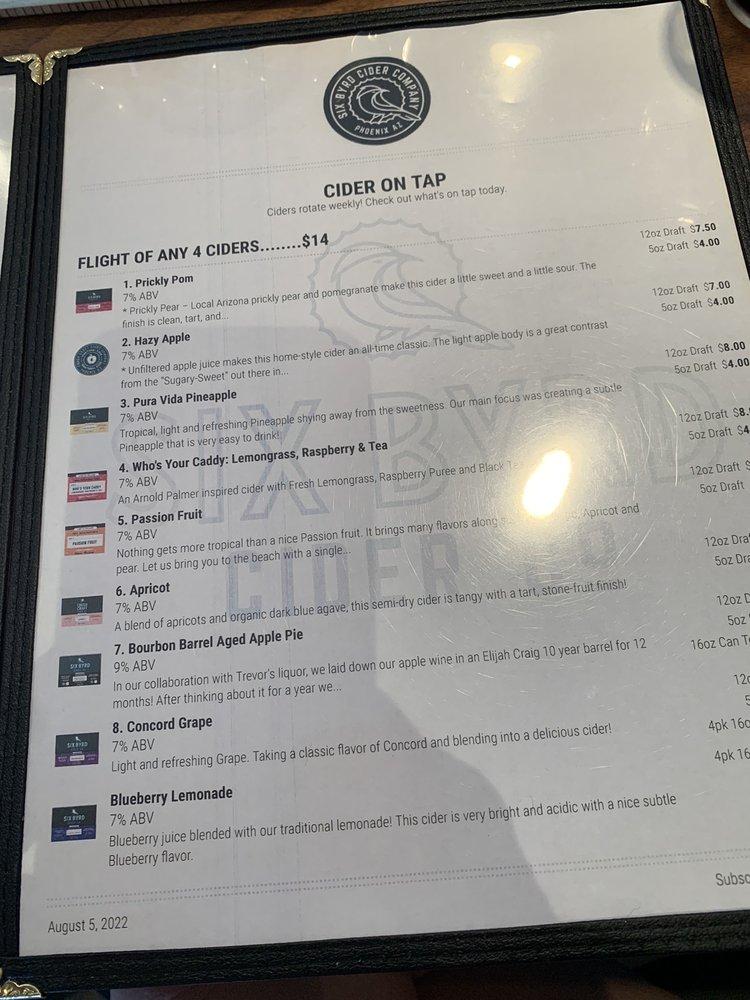 Menu at Six Byrd Cider Taproom & Kitchen pub & bar, Phoenix