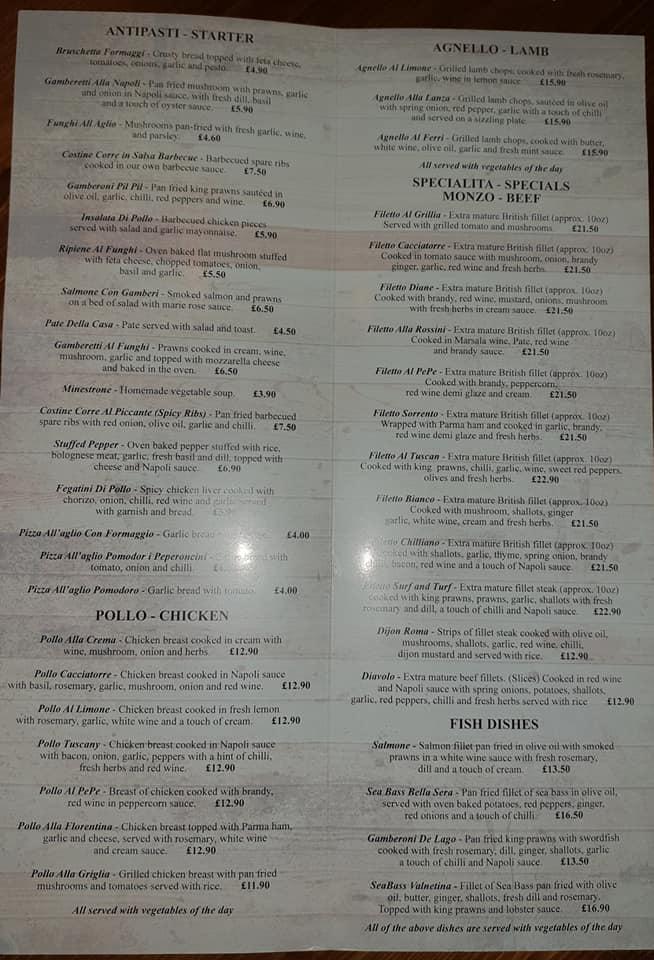 Menu at Bella Sera restaurant, Heywood, 13-15 Rochdale Road East