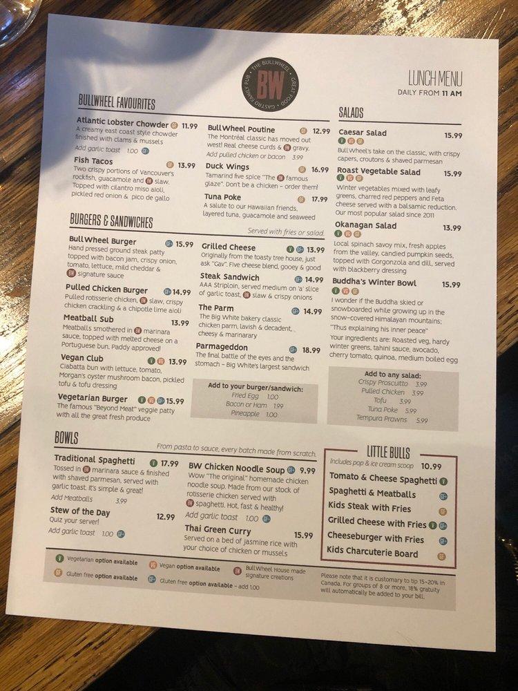 Menu at Bullwheel pub & bar, Canada, 5275 Big White Rd