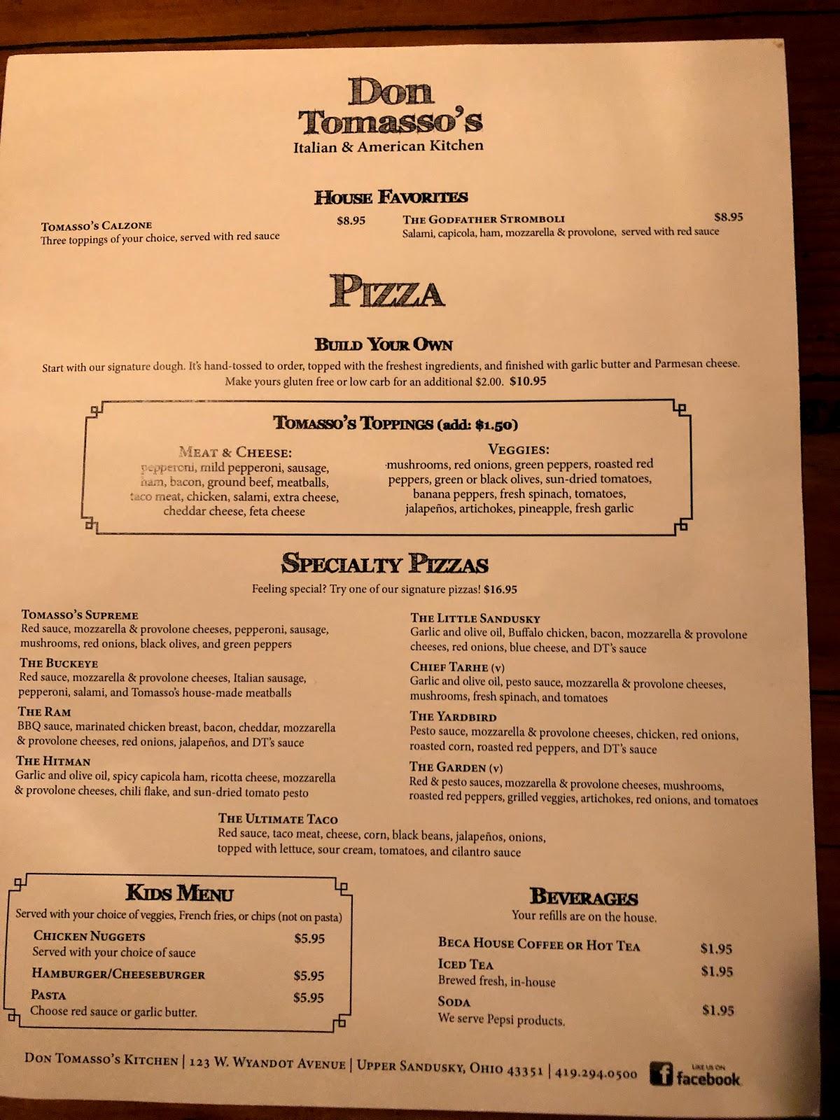 Menu at Don Tomasso's Italian Kitchen pizzeria, Upper Sandusky
