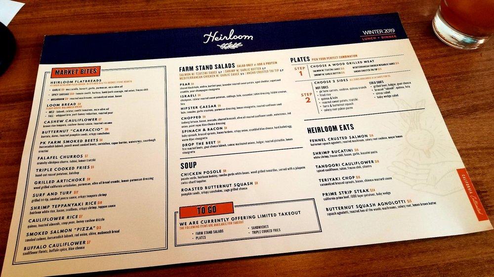 Menu at Heirloom restaurant, Fresno