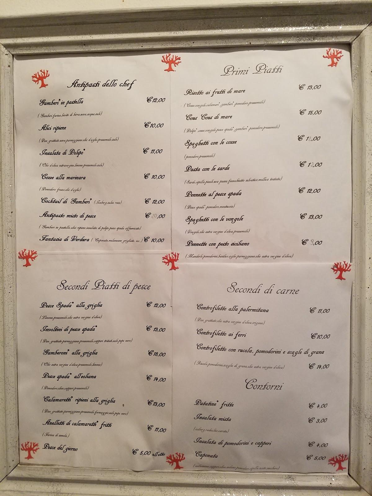 Menu da Il Corallo ristorante, Lipari
