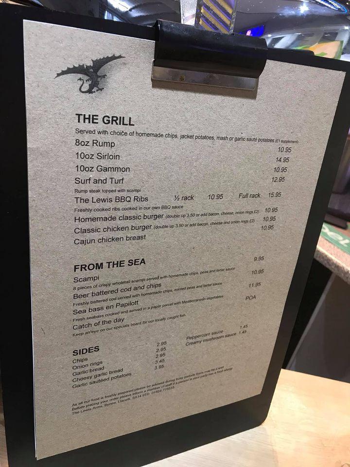 Menu at The Lewis Arms pub & bar, Llanelli, 80 Yspitty Rd