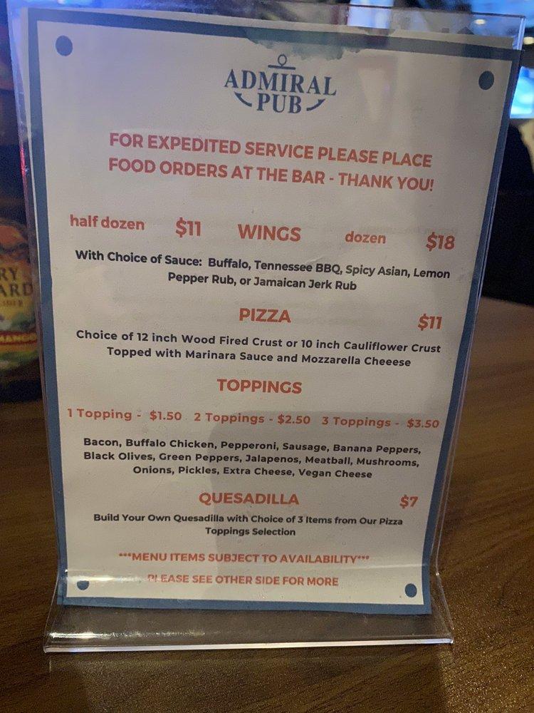 Menu at Admiral Pub, Farragut