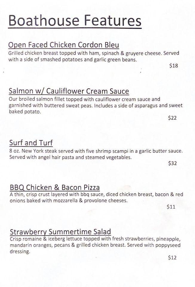 Menu at Boathouse Restaurant, Winona Lake
