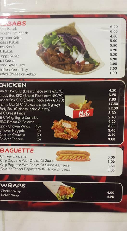Menu at Zia's Takeaway fast food, Dublin, 137 St Peter's Rd