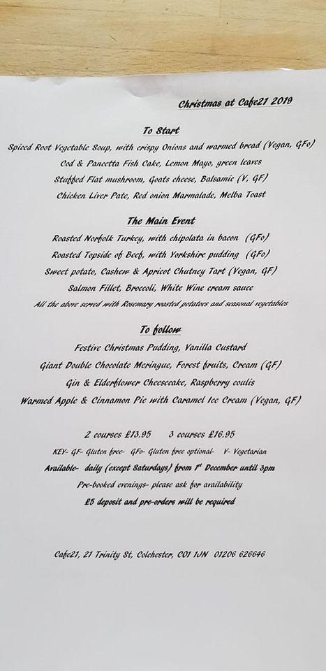 Menu at Cafe 21, Colchester