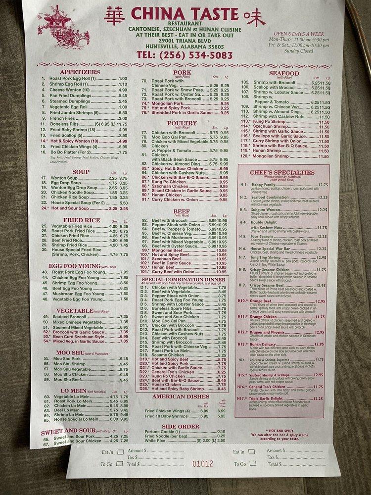 Menu at China Taste restaurant, Huntsville