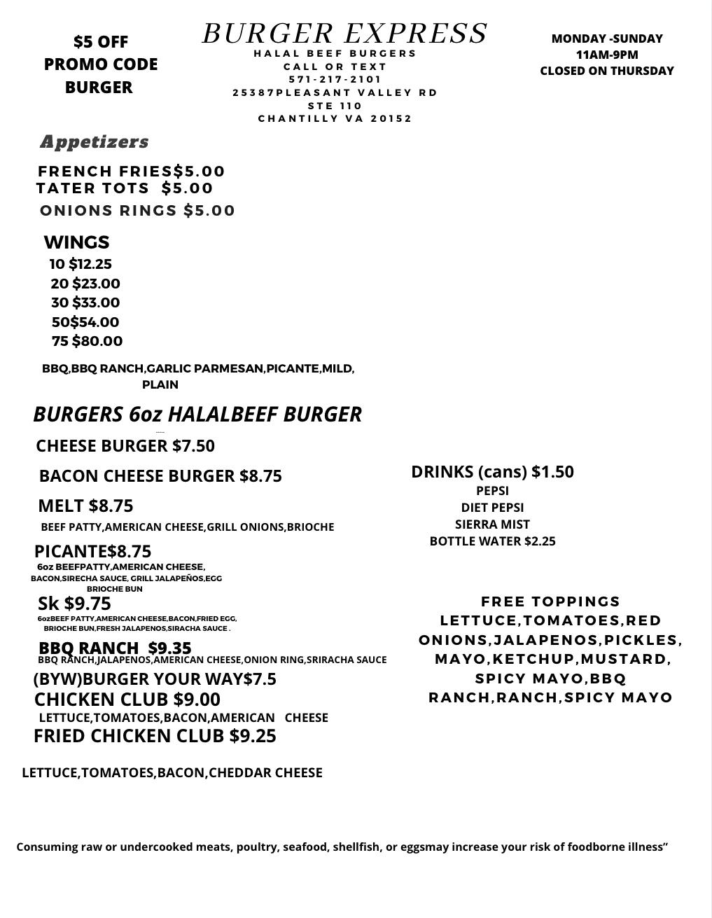 Menu at Burger Xpress by Pollo Xpress restaurant, Chantilly
