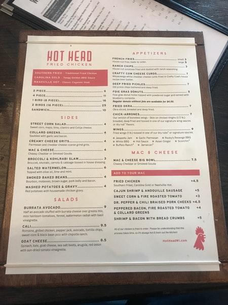 Menu at Hot Head Fried Chicken by Crafty Cow restaurant, Milwaukee