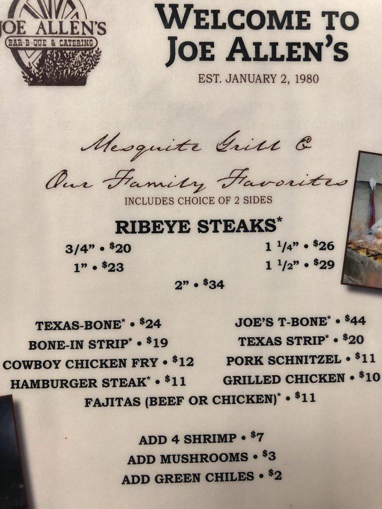 Menu at Joe Allen's Pit Bar-B-Que, Abilene
