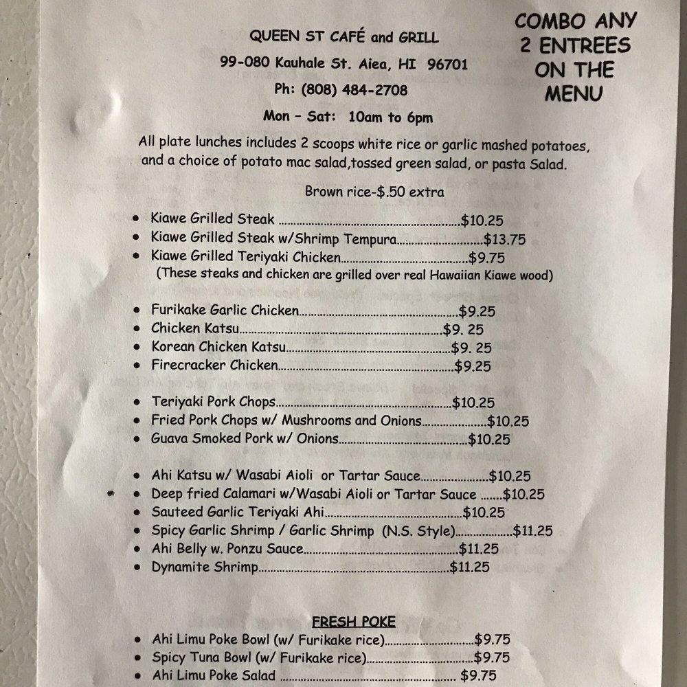 Menu at Queen Street Cafe & Grill, Aiea
