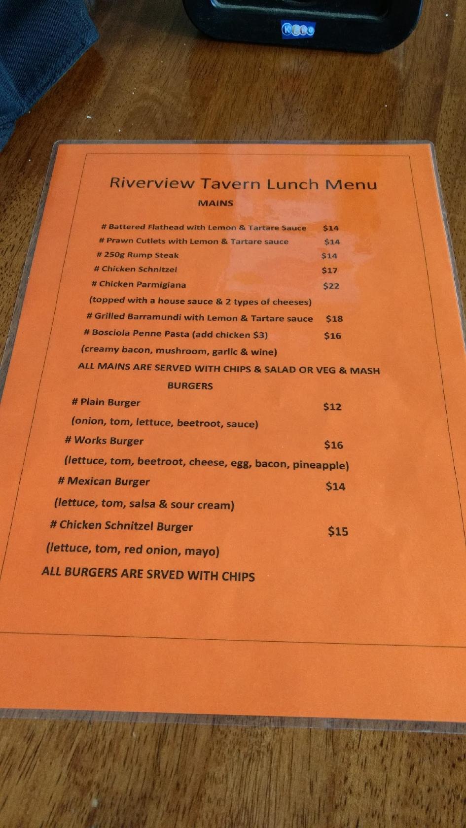 Menu at River View Tavern pub & bar, Telegraph Point