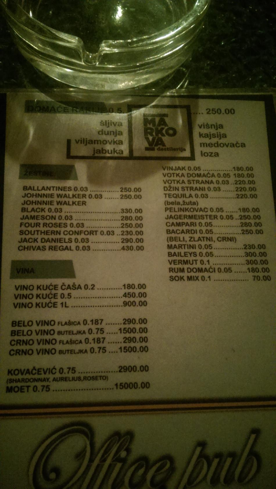 Menu at Splav Office Pub, Belgrade, BB
