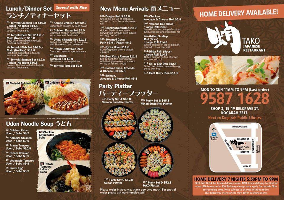 Menu at Tako Japanese Restaurant, Kogarah