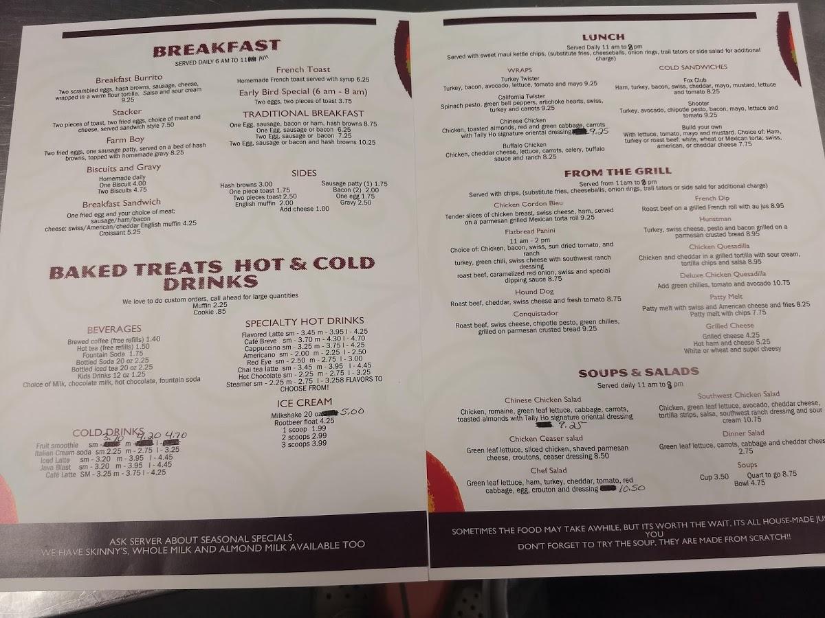 Menu at Tally Ho Koffie cafe, Edgerton