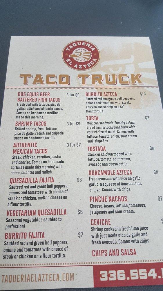 Menu at Taqueria El Azteca & Taco Truck restaurant, Greensboro, W ...