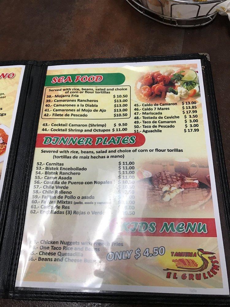 Menu at Taqueria El Grullense restaurant, Pacheco