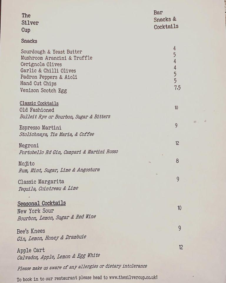 Menu at The Silver Cup restaurant, Harpenden, Silver Cup