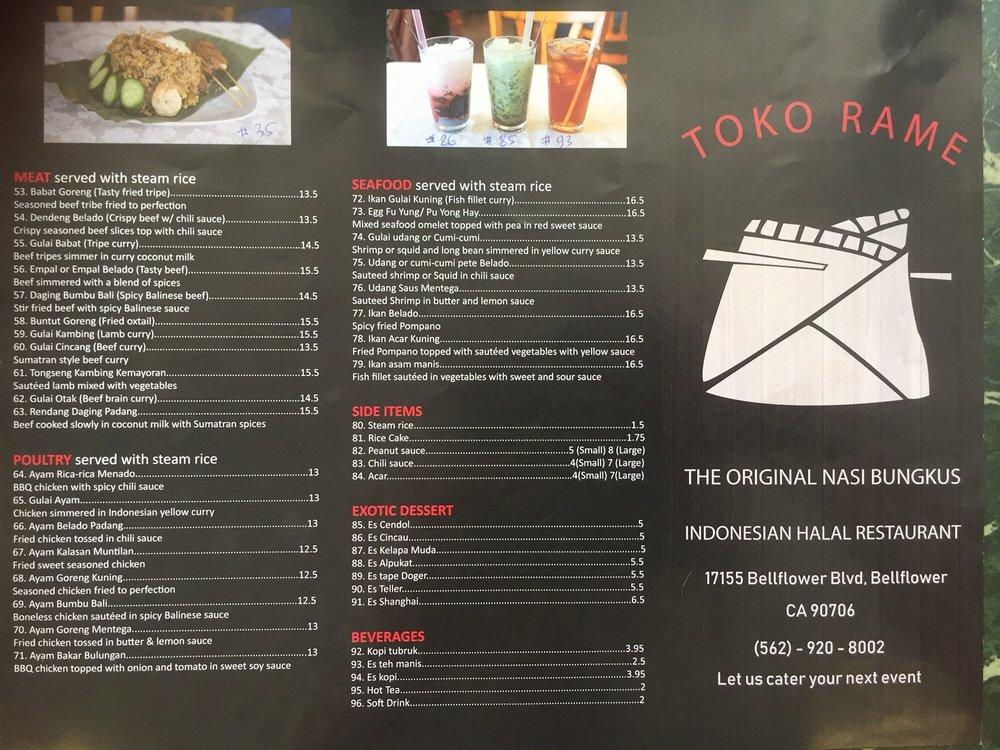 Menu at Toko Rame Indonesian Halal Restaurant, Bellflower