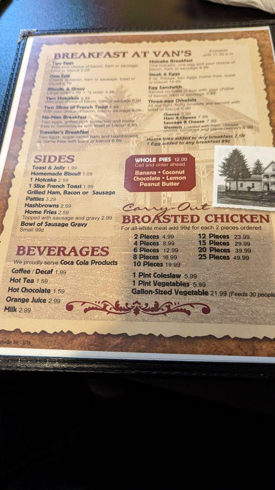 Menu at Van's Country Table restaurant, Marengo