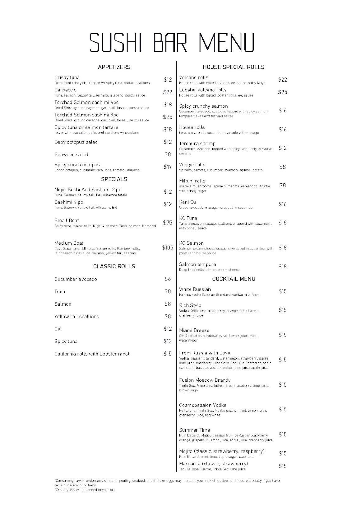Menu at White Russian restaurant, Aventura