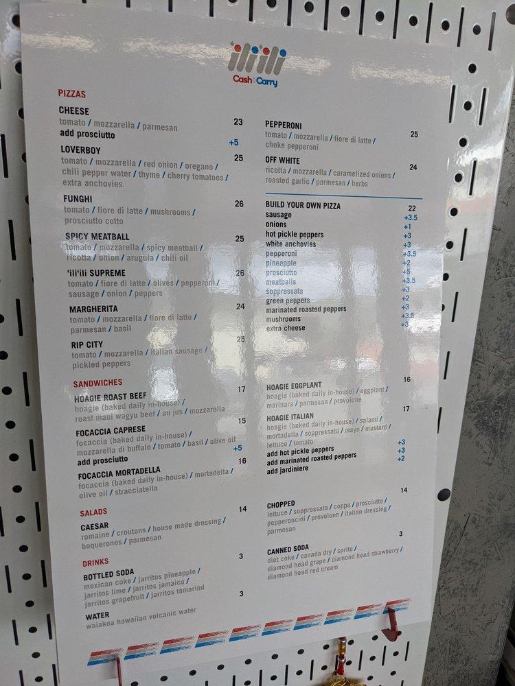 Menu at 'ili'ili Cash & Carry pizzeria, Honolulu