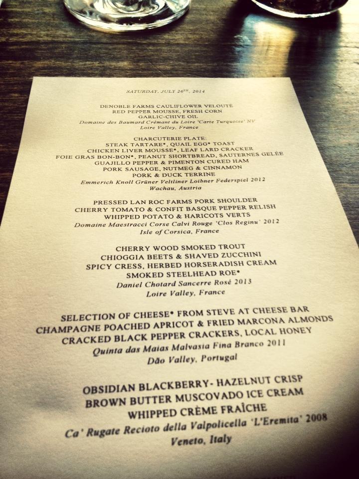 Menu at Beast restaurant, Portland