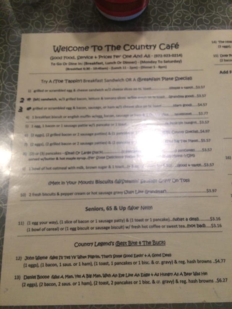 Menu at Country Cafe, Waxahachie, 217 US-77