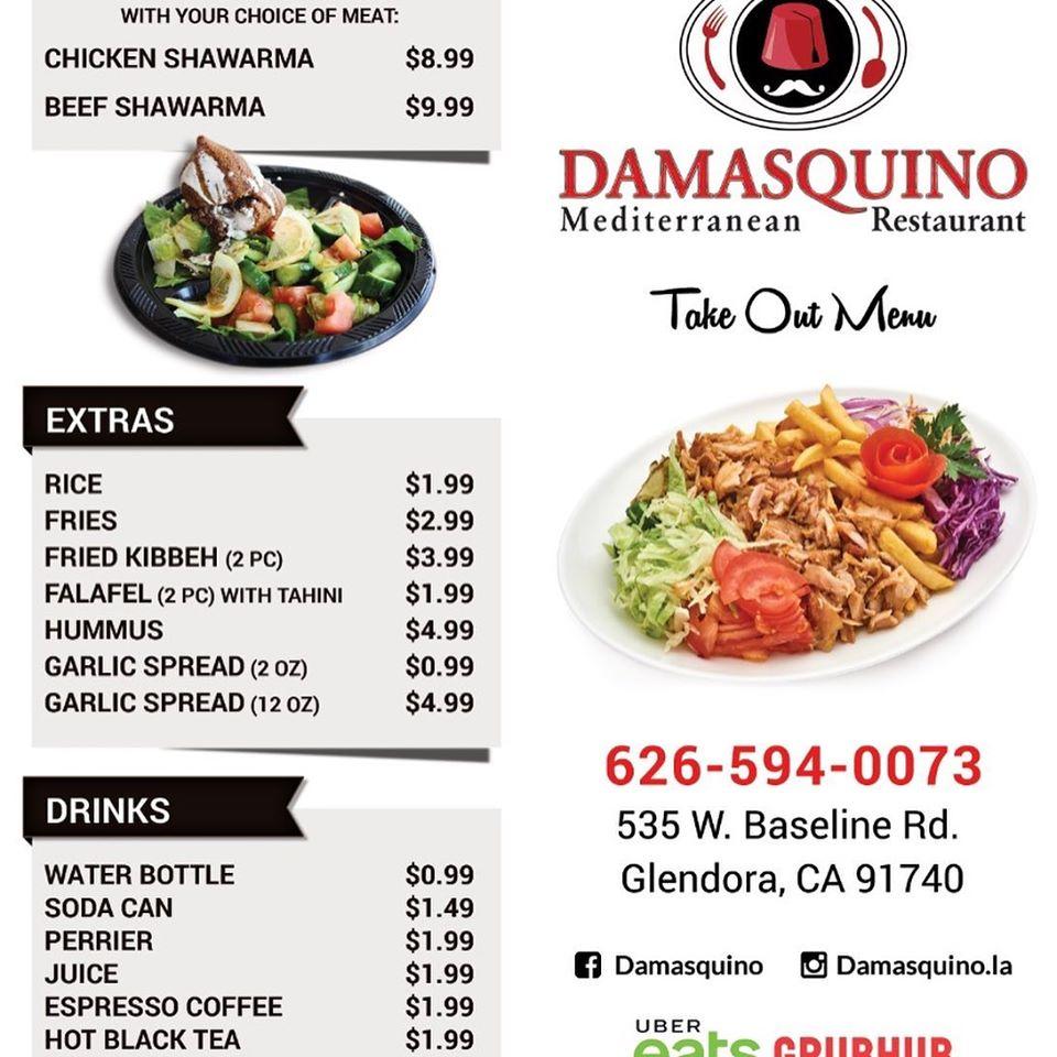Menu at Damasquino restaurant, Glendora
