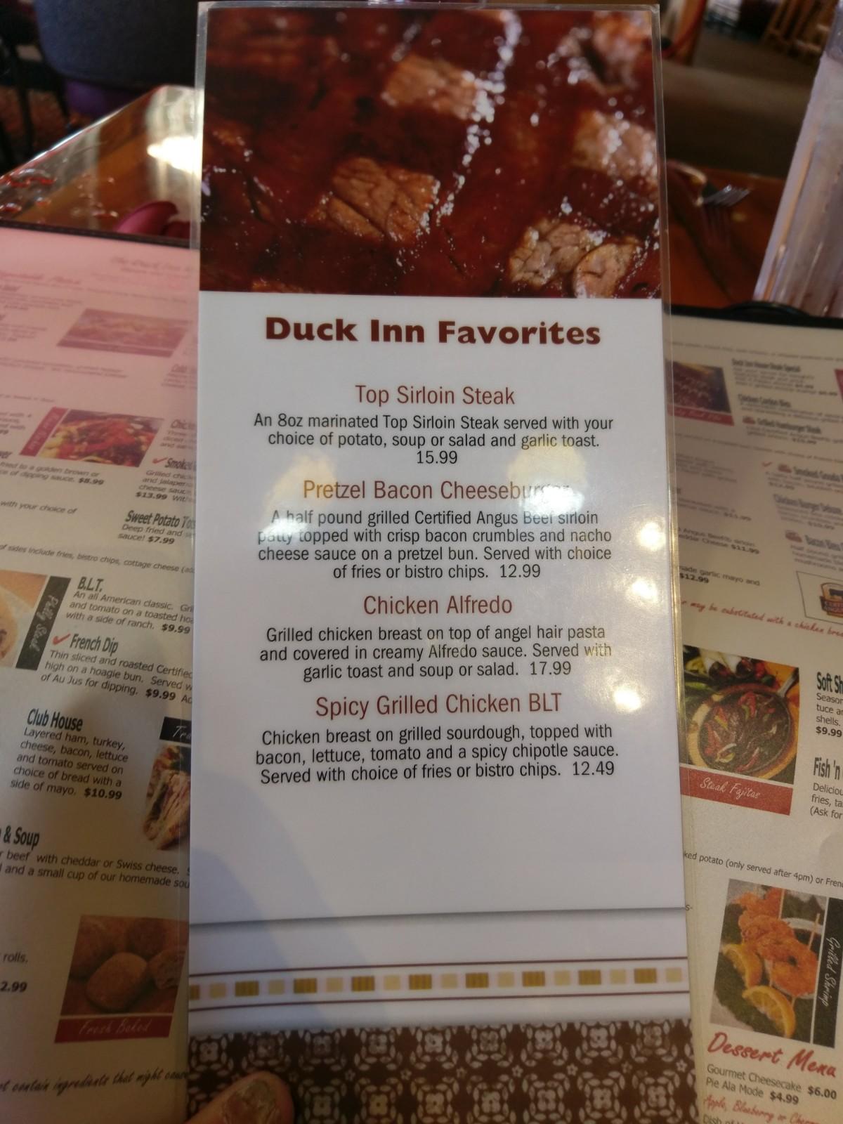 Menu at Duck Inn restaurant, Havre