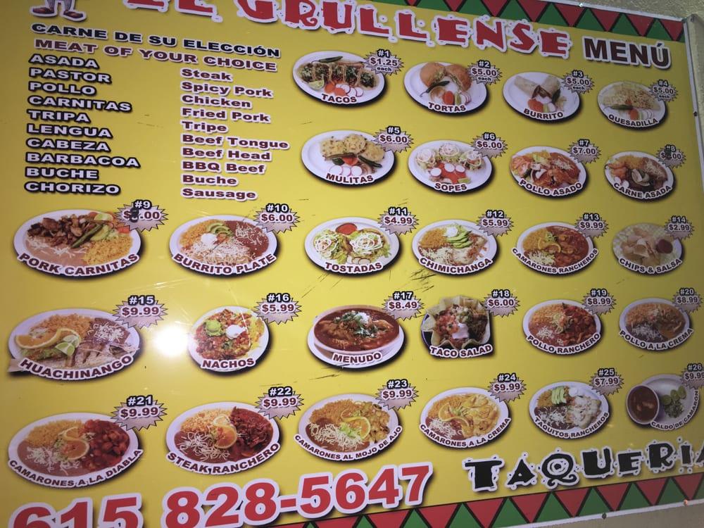 Menu at El Grullense Taqueria restaurant, Hendersonville