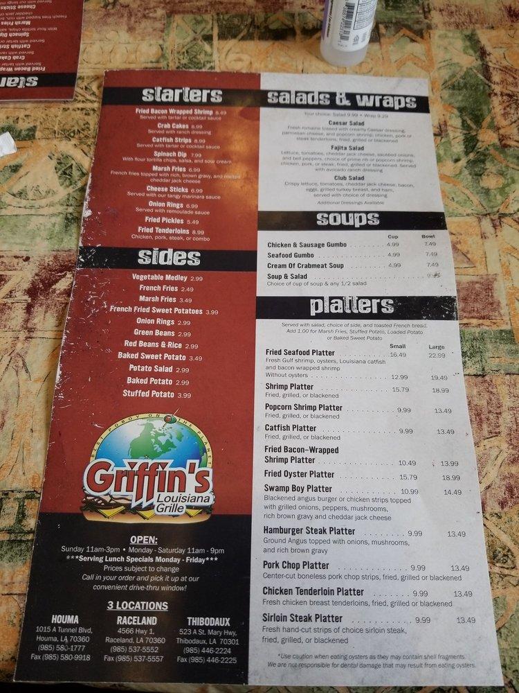 Menu at Griffin's Louisiana Grille restaurant, Thibodaux