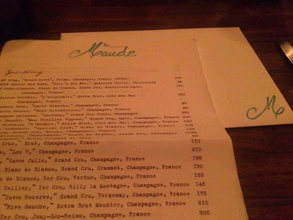 Menu at Maude restaurant, Beverly Hills