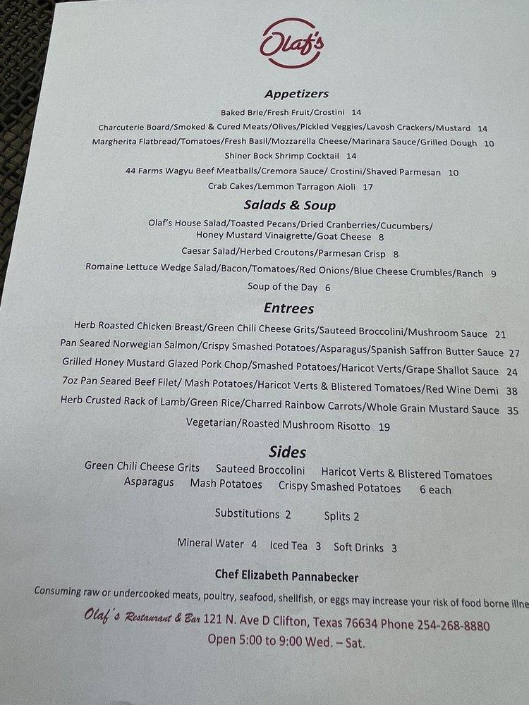 Menu at Olaf's Restaurant and Bar, Clifton