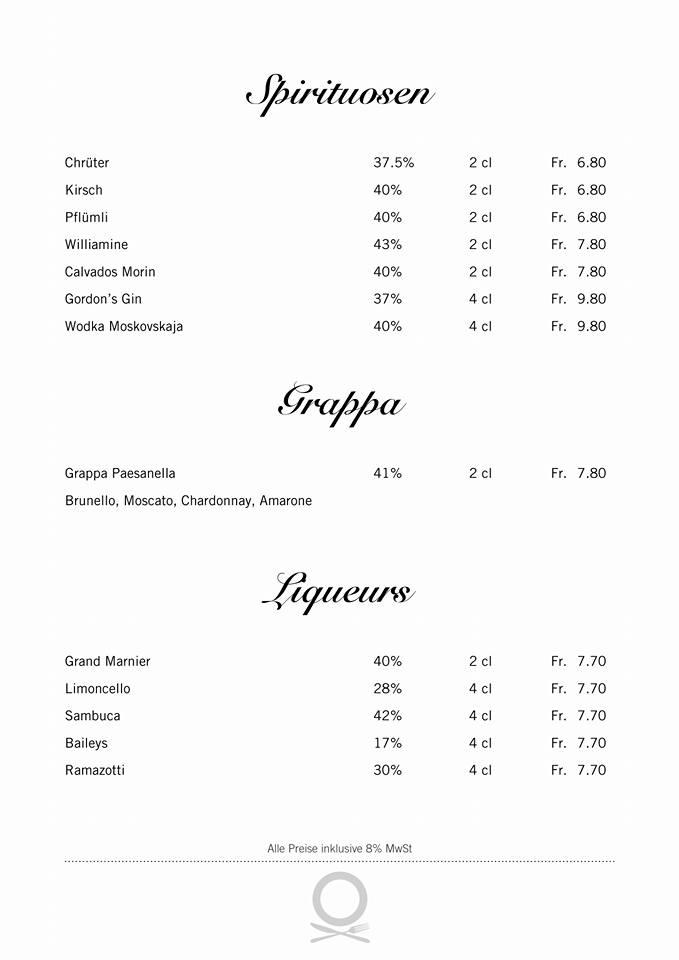 Menu at Panorama, Saint Moritz, Via Somplaz 59