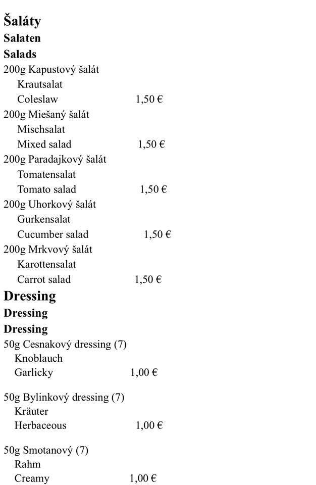 Speisekarte von Restauracia Jana Schwarzova restaurant, Častá