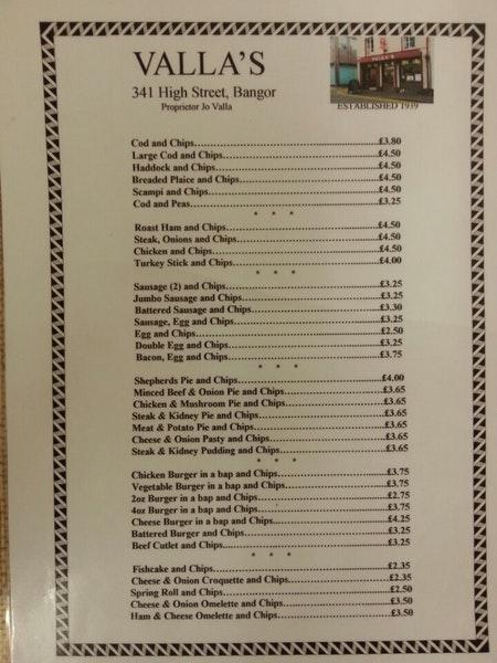 Carta del restaurante Valla's Fish & Chip Shop, Bangor