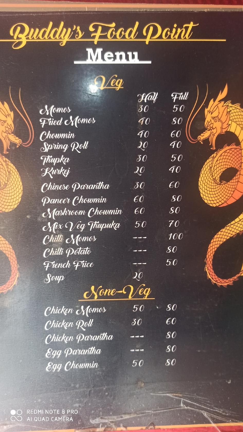 Menu at Buddy's food point, Shamshi