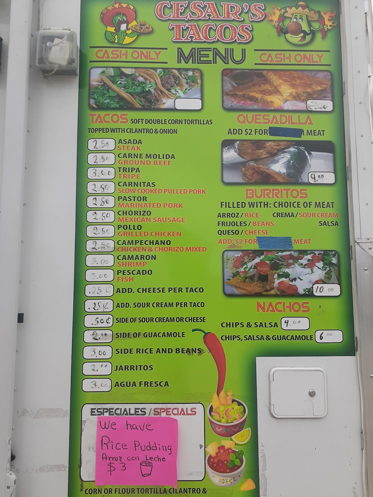 Menu at Cesar's Tacos restaurant, Port Charlotte