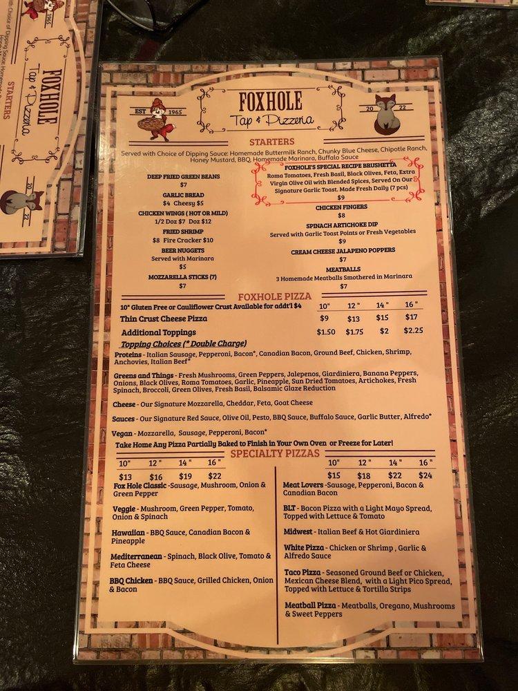 Menu at Foxhole Pizza and Pub, McHenry