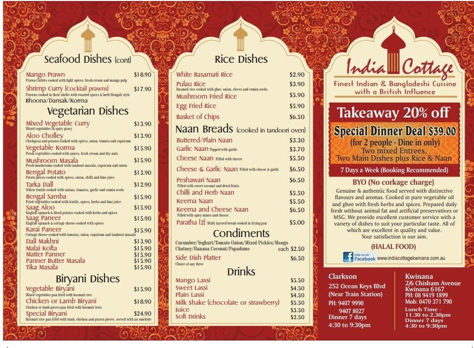 Menu at India Cottage restaurant, Kwinana Beach
