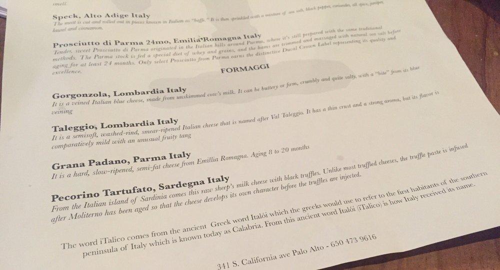 Menu at Italico Ristorante Pizzeria, Palo Alto