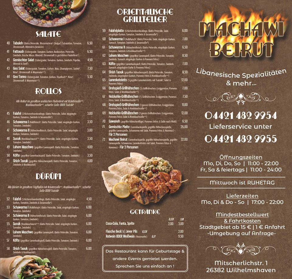 Menu at Machawi Beirut restaurant, Wilhelmshaven