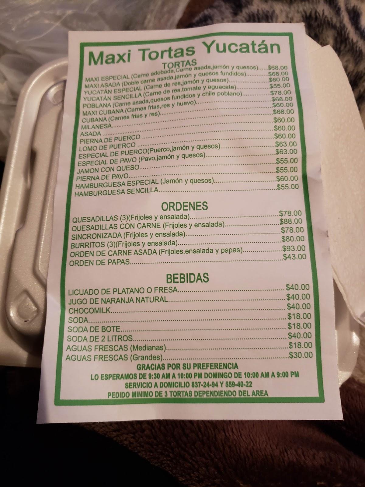 Carta de Maxi Tortas Yucatan - Casa Magna, Mexicali, Paterno 1365
