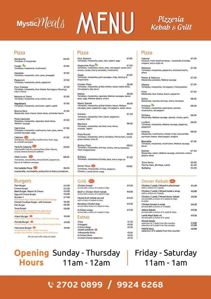 Menu at Mystic Meals restaurant, Birkirkara